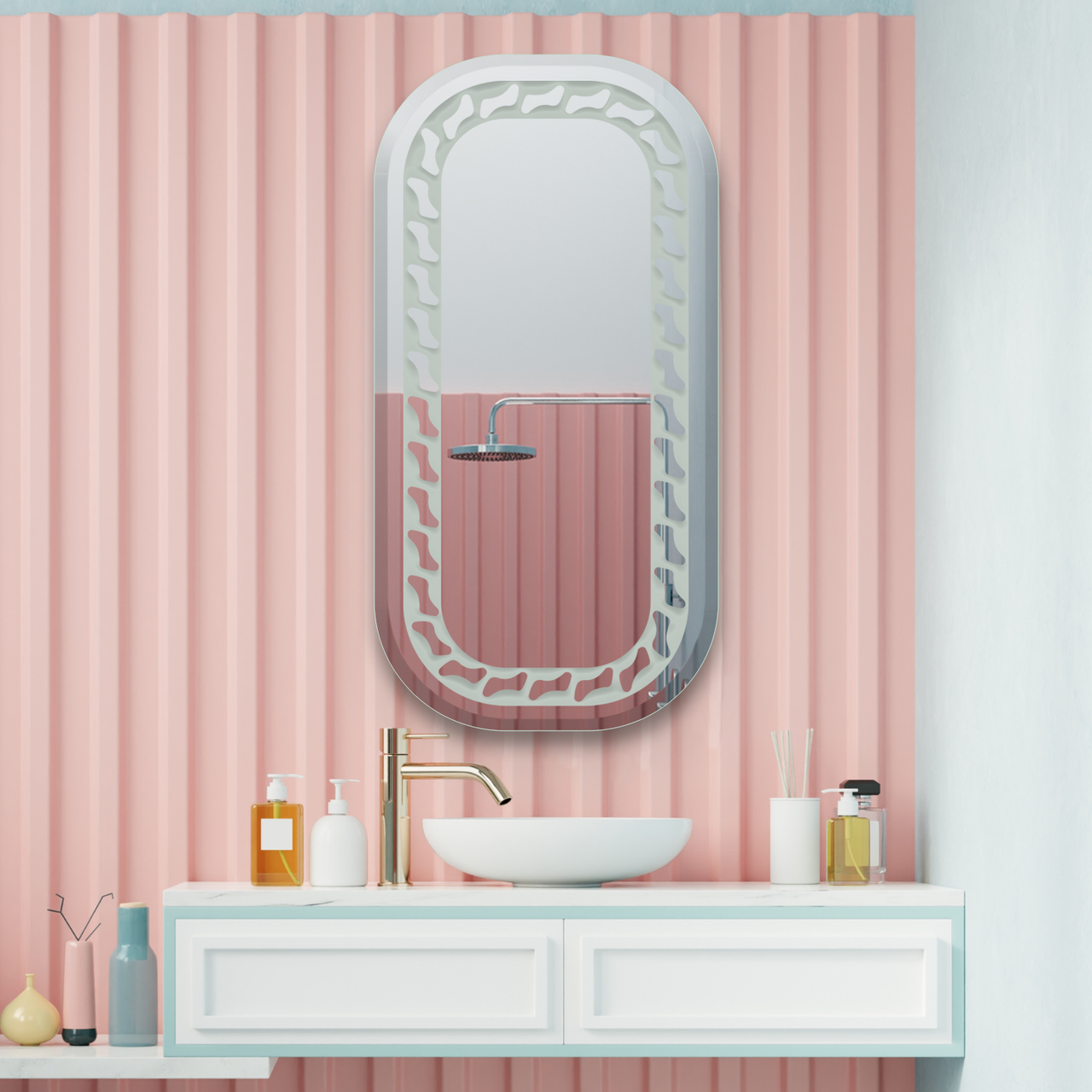 Capsule Frosted Beveled Designer Frameless Bathroom Mirror – Flair Glass