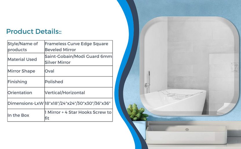 Frameless Curved Edge Square Beveled Mirror For living & Bathroom ...