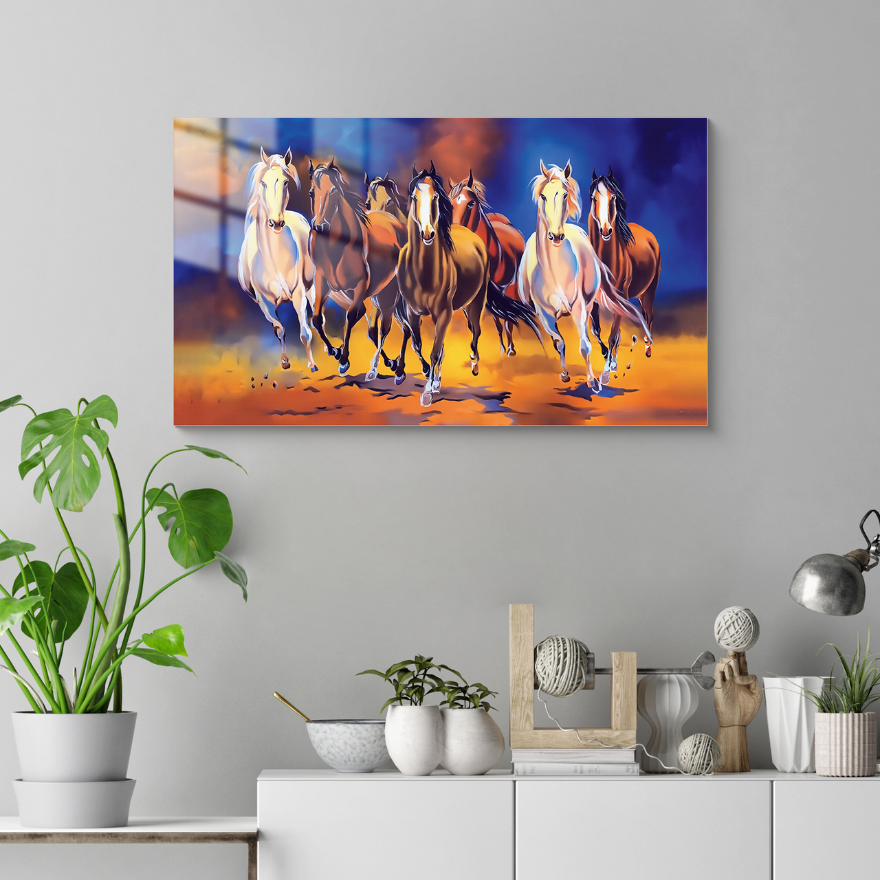 Glass Wall Painting of Seven Running Horses for Living Room & Home ...